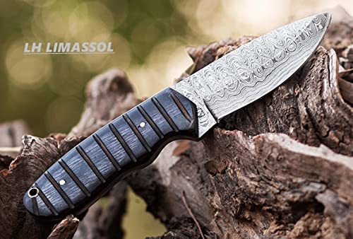 LH LIMASSOL 8 INCH Fixed Blade black Dollar Wood Custom Handmade Damascus Hunting knife/skinner knife/skinning knife with leather sheath