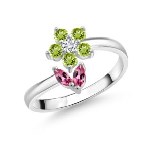 gem stone king 925 sterling silver pink tourmaline green peridot and white lab grown diamond flower open ring for women (0.56 cttw, gemstone october birthstone, available in size 5, 6, 7, 8, 9)