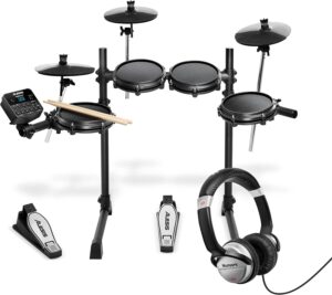 alesis drums turbo mesh kit and numark hf125 – electric drum set with 100+ sounds, mesh drum pads, headphones, drum sticks and drum lessons