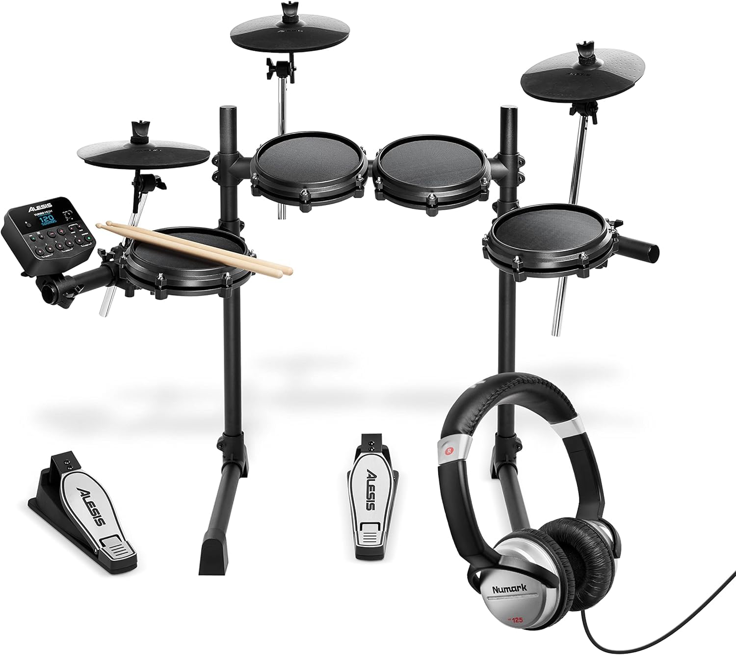 Alesis Drums Turbo Mesh Kit and Numark HF125 – Electric Drum Set With 100+ Sounds, Mesh Drum Pads, Headphones, Drum Sticks and Drum Lessons