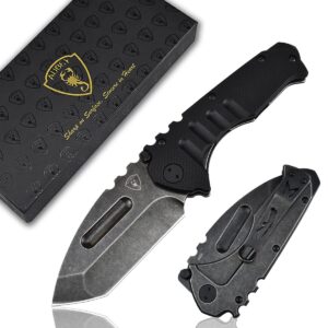 aubey folding pocket knife with tanto tumbled black 440c steel blade, liner lock, g10 steel handle, clip, glass breaker, edc tool knife for men hunting, magic axe