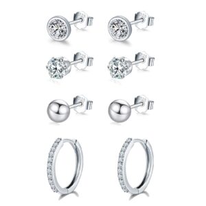 sterling silver stud earrings for women, silver stud earrings & silver hoop earrings set, small cartilage sleepers studs hoops earrings with cubic zirconia, silver earrings (3mm*3 + 12mm*1)