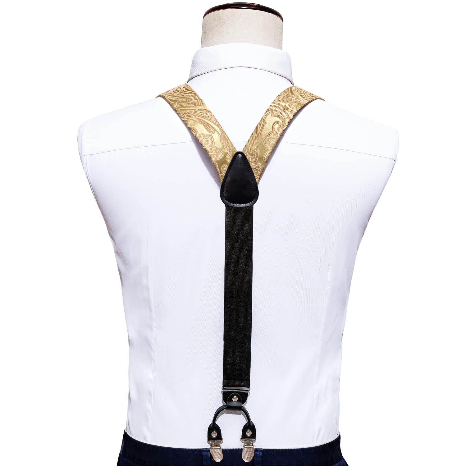 Barry.Wang Men Suspender Set with Necktie Elastic Y Type Heavy Duty 6 Clips Braces Designer Gift (Paisley Gold Flower)