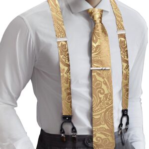 Barry.Wang Men Suspender Set with Necktie Elastic Y Type Heavy Duty 6 Clips Braces Designer Gift (Paisley Gold Flower)