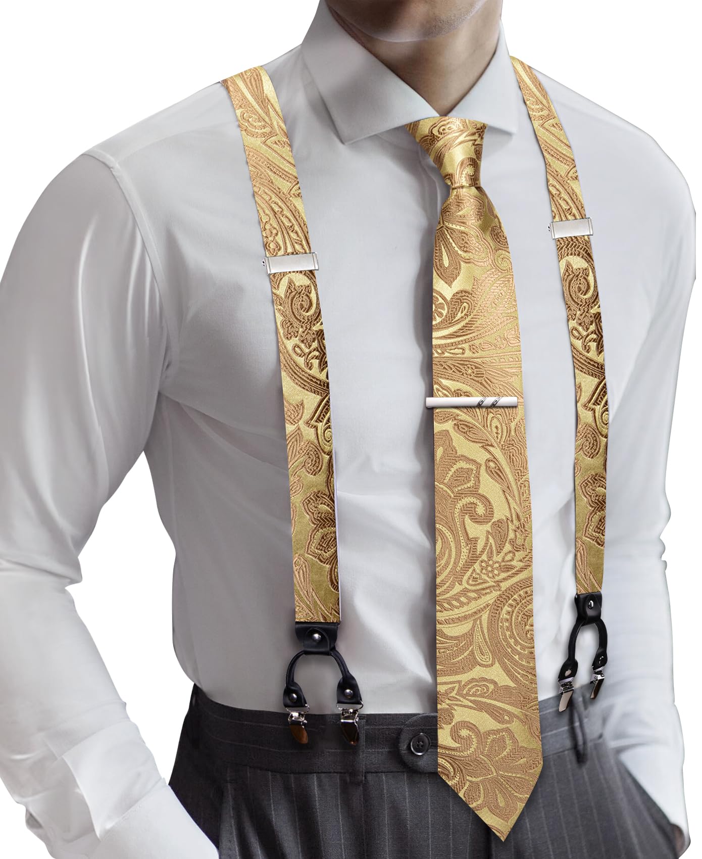 Barry.Wang Men Suspender Set with Necktie Elastic Y Type Heavy Duty 6 Clips Braces Designer Gift (Paisley Gold Flower)