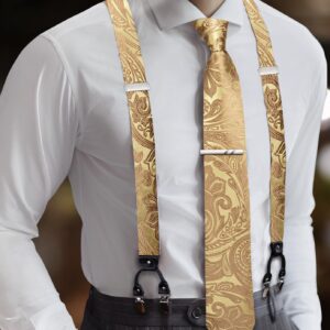 Barry.Wang Men Suspender Set with Necktie Elastic Y Type Heavy Duty 6 Clips Braces Designer Gift (Paisley Gold Flower)