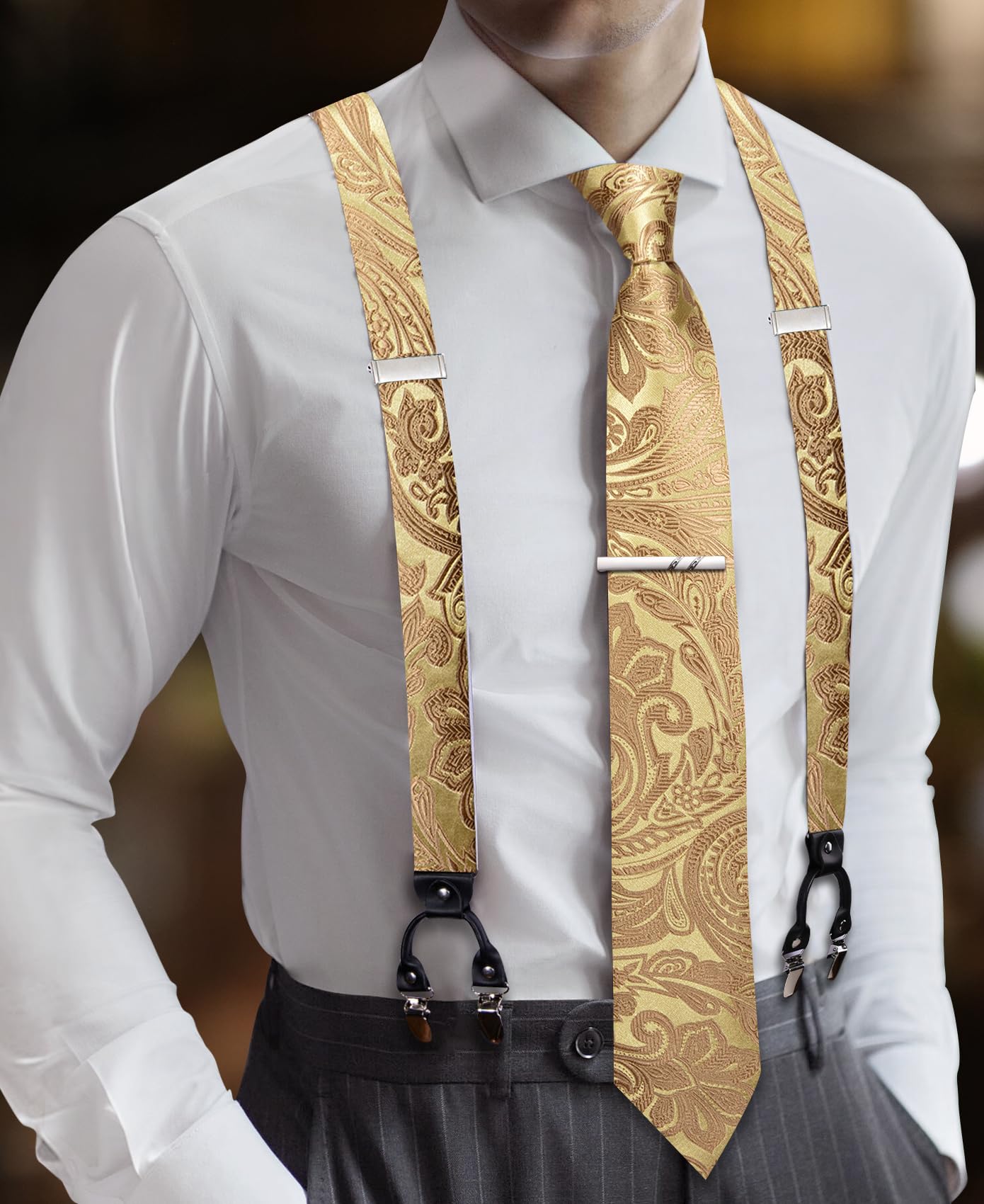 Barry.Wang Men Suspender Set with Necktie Elastic Y Type Heavy Duty 6 Clips Braces Designer Gift (Paisley Gold Flower)