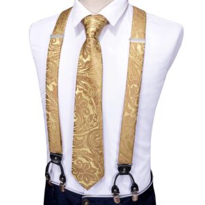 Barry.Wang Men Suspender Set with Necktie Elastic Y Type Heavy Duty 6 Clips Braces Designer Gift (Paisley Gold Flower)