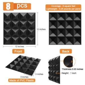 TroyStudio Acoustic Sound Diffuser Panels, 12 X 12 X 1 inches 8 Pcs PVC Plastic Wall Panel, Recording Studio Acoustical Treatments Diffusion Panel, 3D Art Decorative Ceiling Tiles (Pyramid, Black)