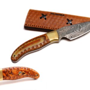 NUSHBA 014 handmade Damascus Steel Hunting Skinner knife with Cow Brown Leather Sheath Fixed blade knives for men