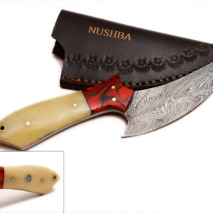 NUSHBA 017 Handmade Fixed Blade Hunting Skinner Knife, Damascus Steel Blade, Camal Bone Handle -Best Hunting Knife with Cow Brown Leather Sheath