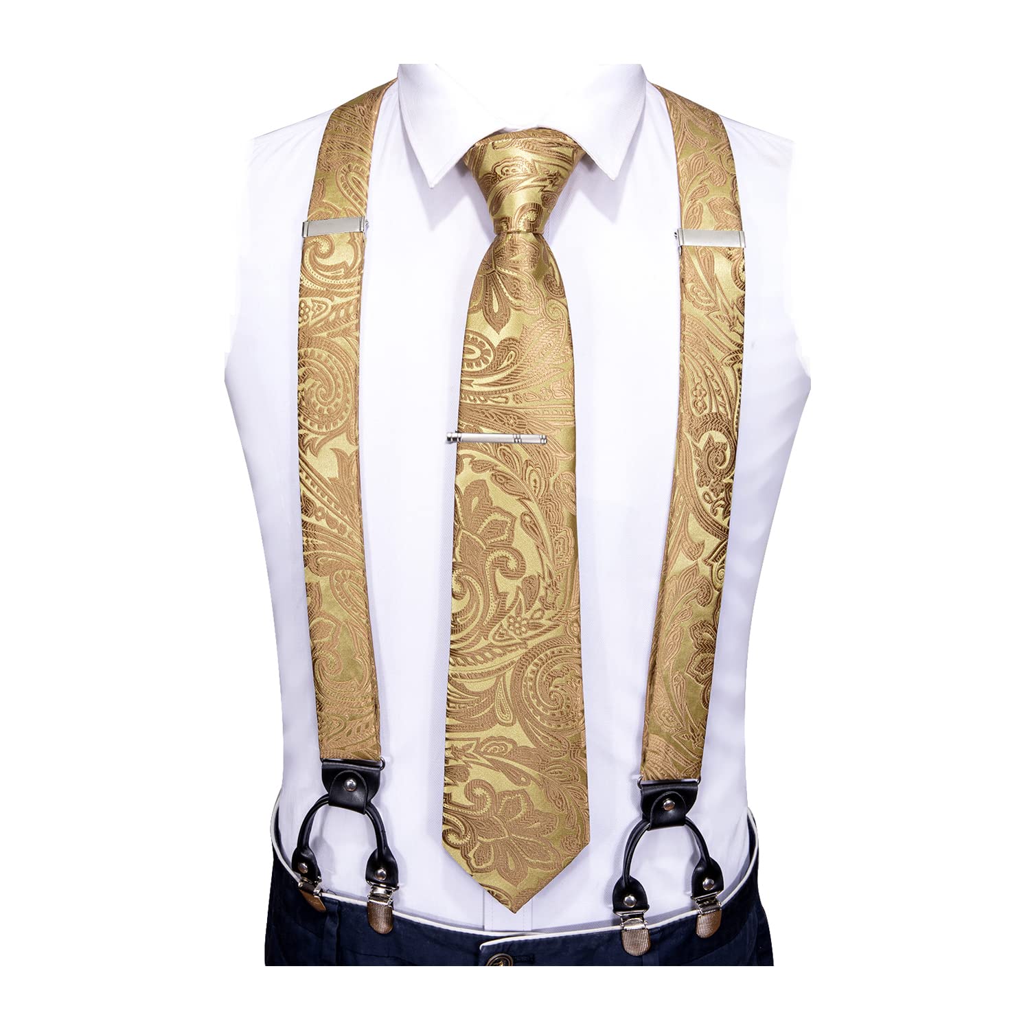 Barry.Wang Men Suspender Set with Necktie Elastic Y Type Heavy Duty 6 Clips Braces Designer Gift (Paisley Gold Flower)