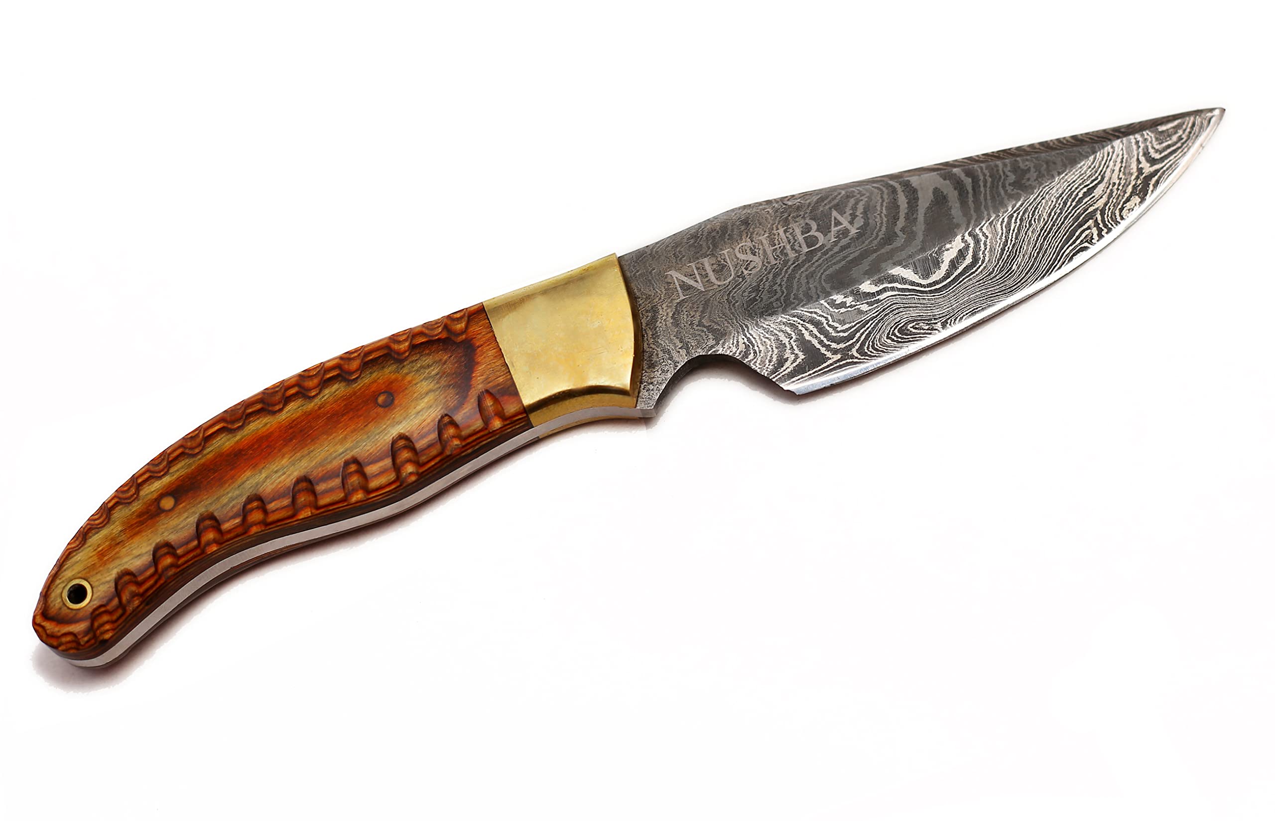 NUSHBA 014 handmade Damascus Steel Hunting Skinner knife with Cow Brown Leather Sheath Fixed blade knives for men