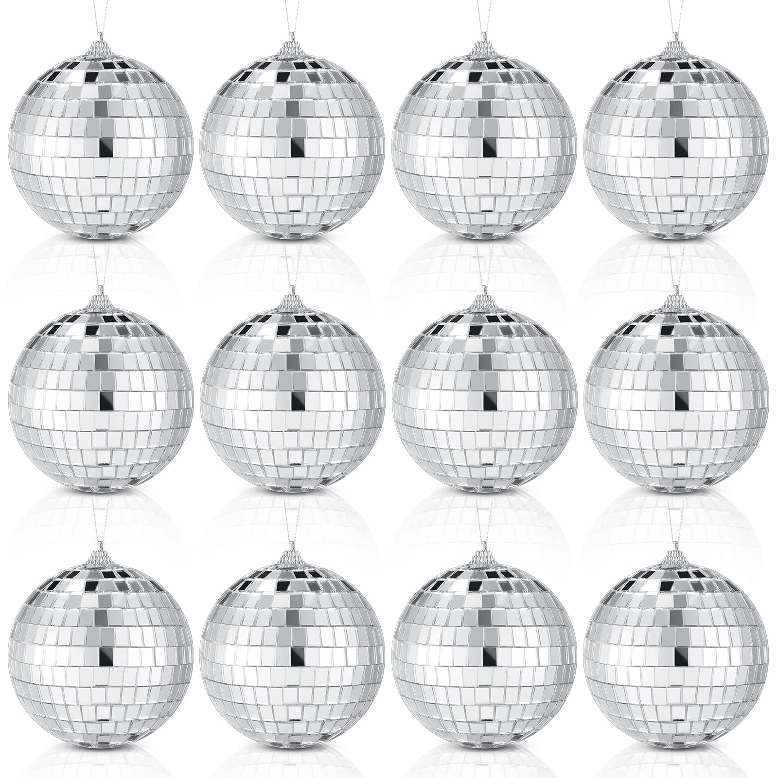 12 Pack 4 Inches Disco Light Mirror Ball Large Silver Hanging Disco Ball with Hanging Ring Disco Ball Party Decorations for Party Retro Home Bands Decorations, New Years Celebration