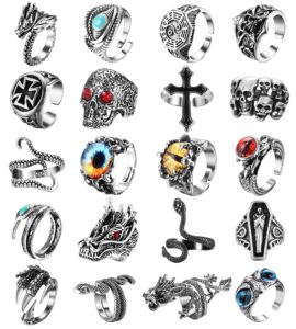 helicopchain 20pcs vintage punk rings for men women adjustable open gothic knuckle rings set y2k rings frog snake dragon claw peacock rings retro jewelry rings