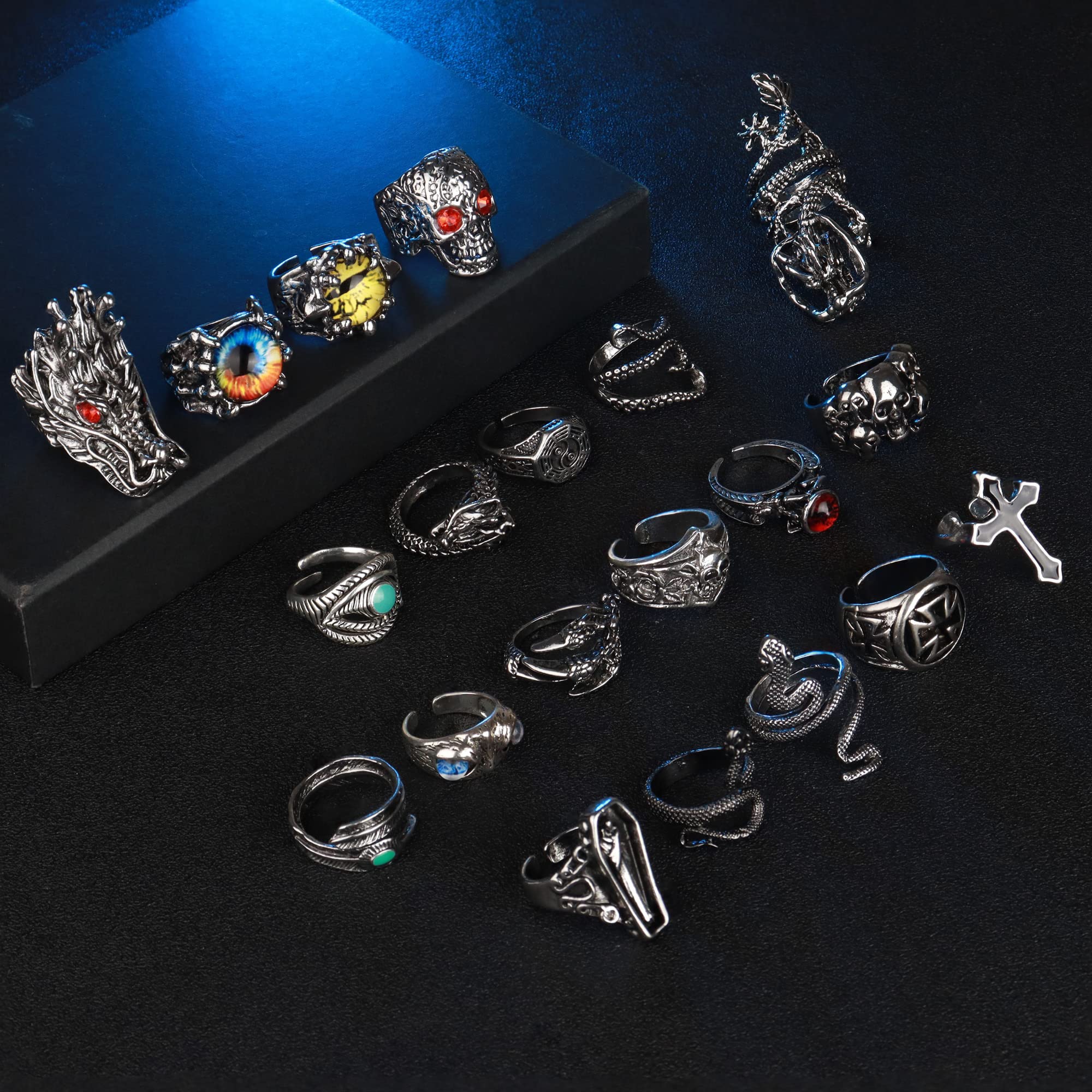 Helicopchain 20Pcs Vintage Punk Rings for Men Women Adjustable Open Gothic Knuckle Rings Set Y2K Rings Frog Snake Dragon Claw Peacock Rings Retro Jewelry Rings