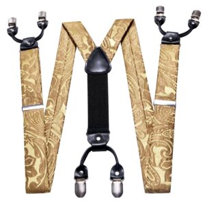 Barry.Wang Men Suspender Set with Necktie Elastic Y Type Heavy Duty 6 Clips Braces Designer Gift (Paisley Gold Flower)