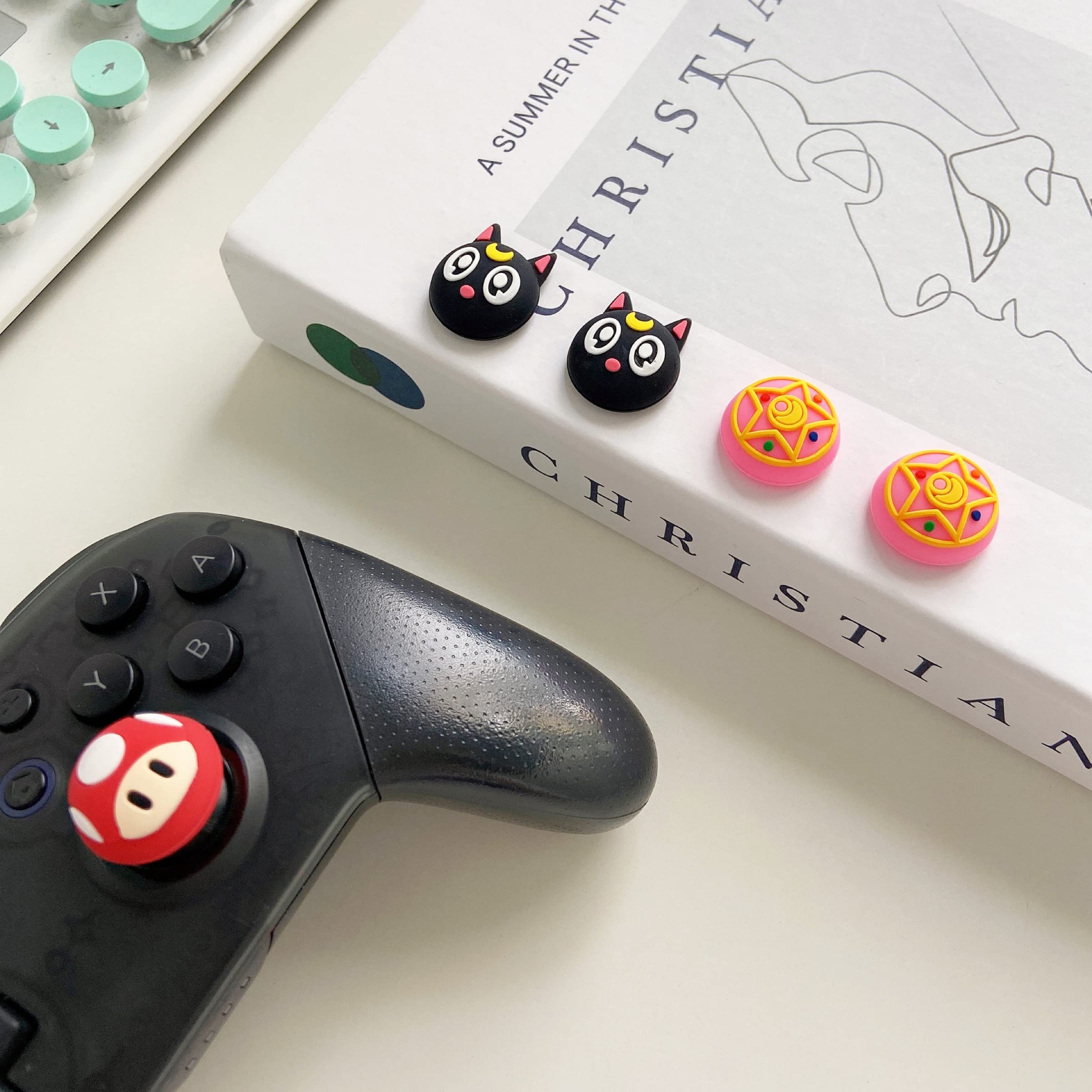 PERFECTSIGHT 4 PCS Cute Thumb Grip Caps for PS5/PS4/Xbox One (Series X, S)/NS Switch Pro Controller, Anime Magic Moon Analog Stick Grips Thumbsticks, 3D Kawaii Silicone Joystick Button Covers (Luna)