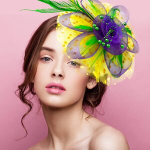 Hikkcos Mardi Gras Fascinators Headband for Women Feathers Headband for Royal Wedding Carnival Parade Cocktail