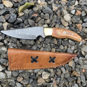 NUSHBA 014 handmade Damascus Steel Hunting Skinner knife with Cow Brown Leather Sheath Fixed blade knives for men