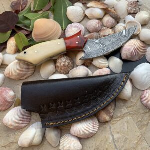 NUSHBA 017 Handmade Fixed Blade Hunting Skinner Knife, Damascus Steel Blade, Camal Bone Handle -Best Hunting Knife with Cow Brown Leather Sheath