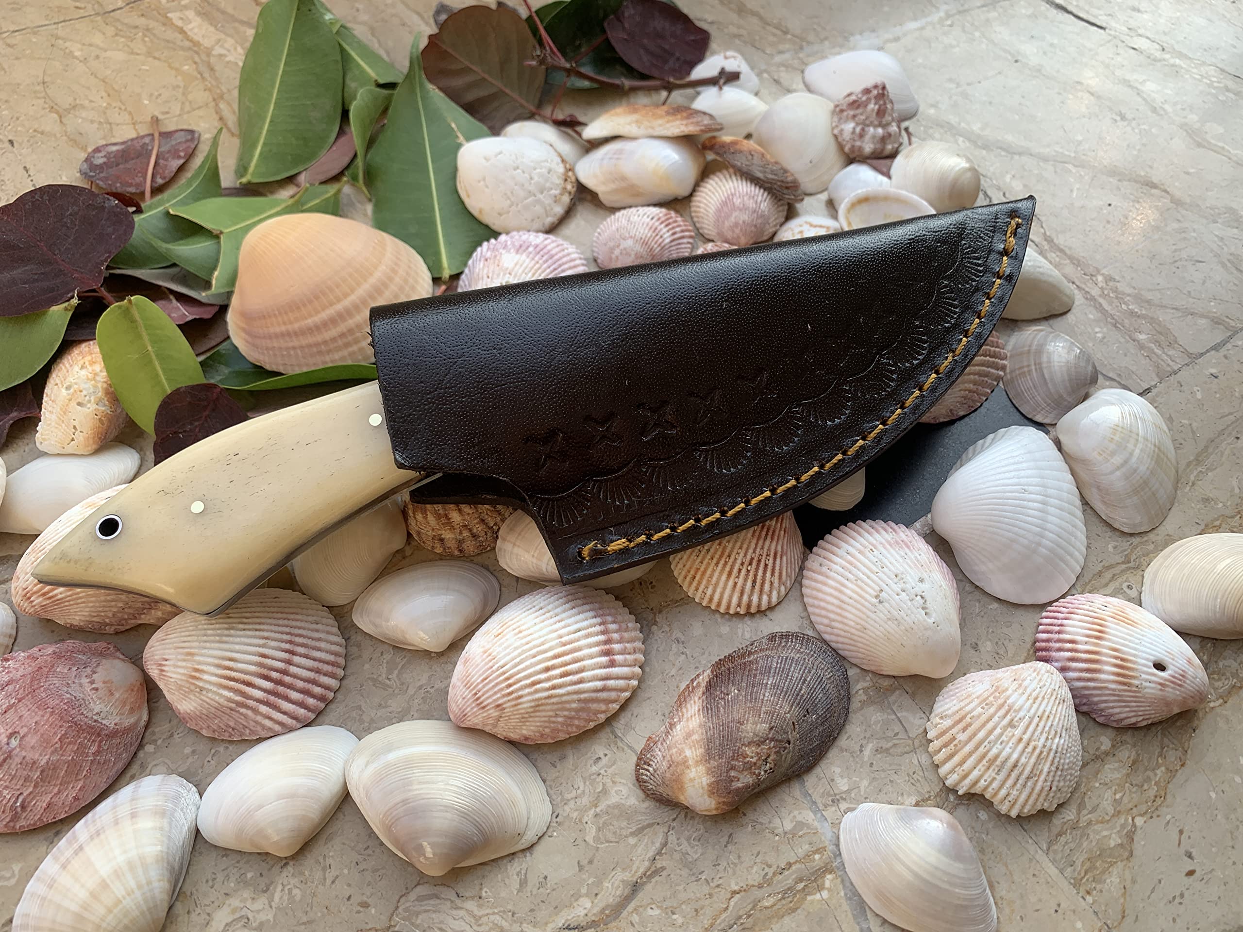 NUSHBA 017 Handmade Fixed Blade Hunting Skinner Knife, Damascus Steel Blade, Camal Bone Handle -Best Hunting Knife with Cow Brown Leather Sheath