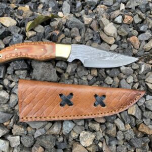 NUSHBA 014 handmade Damascus Steel Hunting Skinner knife with Cow Brown Leather Sheath Fixed blade knives for men