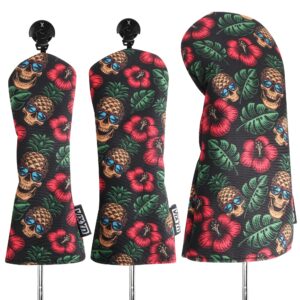 vixyn golf head covers - 3 pack golf club covers for driver, woods and hybrid - driver headcover to fit all golf clubs (pineapple skull)