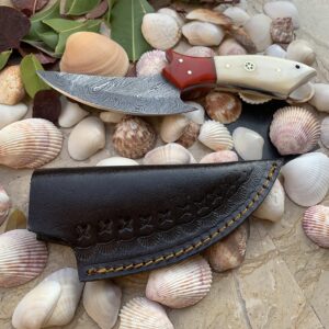 NUSHBA 017 Handmade Fixed Blade Hunting Skinner Knife, Damascus Steel Blade, Camal Bone Handle -Best Hunting Knife with Cow Brown Leather Sheath