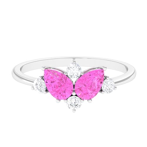 Rosec Jewels 1.5 Cttw Pear Cut Created Pink Sapphire Cluster Promise Ring with Diamond| AAAA Quality, 14K White Gold, Size:US 6.50