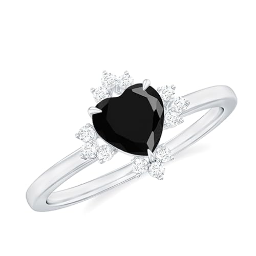 Certified Heart Shape Black Onyx Promise Ring with Diamond | AAA Quality | 6 MM Black Onyx | December Birthstone Ring, 14K White Gold, Size:US 7.50