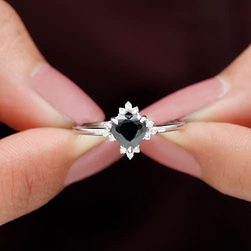 Certified Heart Shape Black Onyx Promise Ring with Diamond | AAA Quality | 6 MM Black Onyx | December Birthstone Ring, 14K White Gold, Size:US 7.50