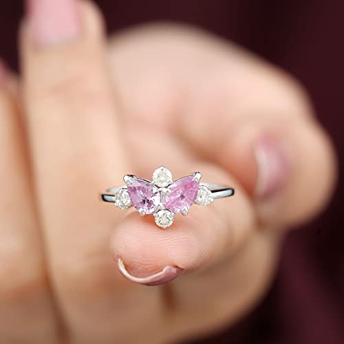 Rosec Jewels 1.5 Cttw Pear Cut Created Pink Sapphire Cluster Promise Ring with Diamond| AAAA Quality, 14K White Gold, Size:US 6.50