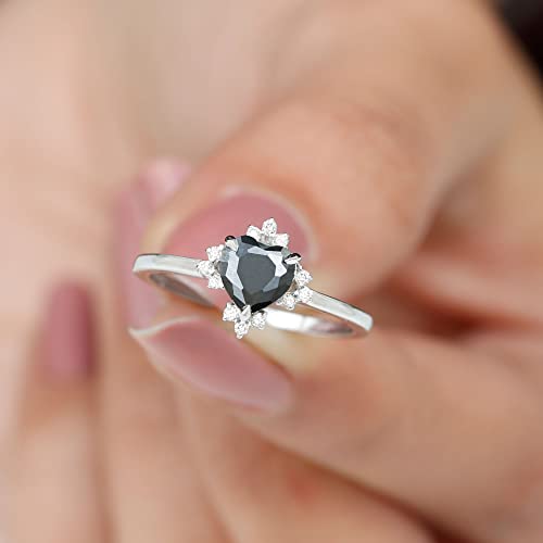 Certified Heart Shape Black Onyx Promise Ring with Diamond | AAA Quality | 6 MM Black Onyx | December Birthstone Ring, 14K White Gold, Size:US 7.50