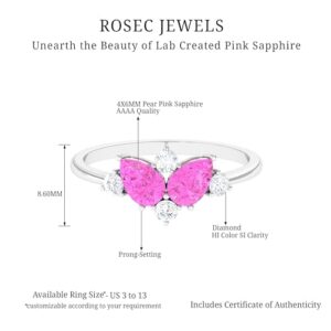 Rosec Jewels 1.5 Cttw Pear Cut Created Pink Sapphire Cluster Promise Ring with Diamond| AAAA Quality, 14K White Gold, Size:US 6.50