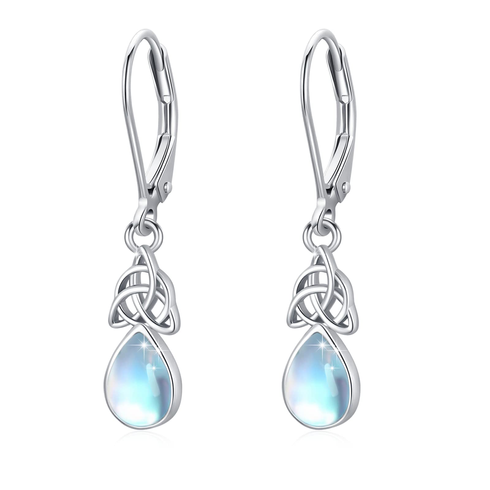 Celtic Moonstone Earrings for Women 925 Sterling Silver Celtic Knot Trinity Leverback Earrings Moonstone Teardrop Earrings Dewdrop Water Drop Bridal Earrings Irish Earrings Moonstone Jewelry