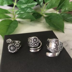 YWDREAM Vintage Silver Spoon Ring, Victorian Boho Flower Spoon Rings for Women, Adjustable Wrap Around Open Ring Statement Jewelry (Butterfly)