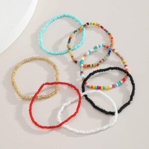 JWICOS 7Pcs Boho Beaded African Bracelet for Women Colorful Stretch Seed Beads Rainbow Bracelets Glass Bead Bracelet Elastic Hand Chain Accessories