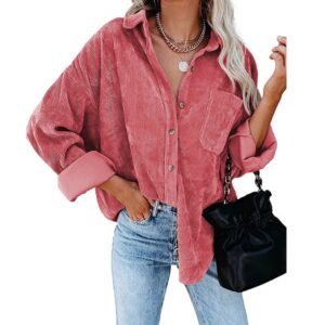 mayntop women jacket shacket corduroy ribbed rib solid color plus size pocket button-down loose oversized plain overshirt outerwear(a light red,s)