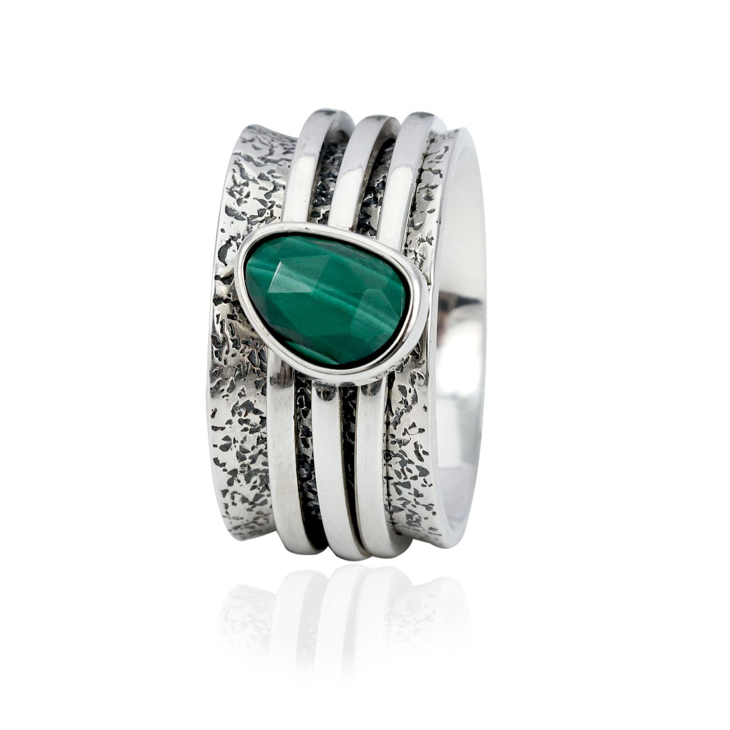 STROLLGIRL Sterling silver Simple spinner ring Fidget band ring spinning meditation anxiety ring (Malachite design, 7)