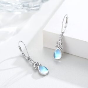 Celtic Moonstone Earrings for Women 925 Sterling Silver Celtic Knot Trinity Leverback Earrings Moonstone Teardrop Earrings Dewdrop Water Drop Bridal Earrings Irish Earrings Moonstone Jewelry