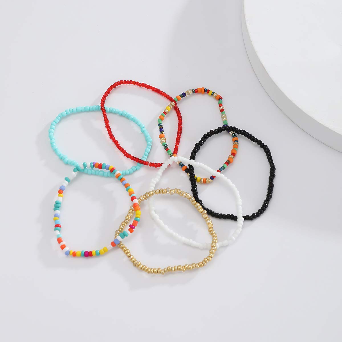 JWICOS 7Pcs Boho Beaded African Bracelet for Women Colorful Stretch Seed Beads Rainbow Bracelets Glass Bead Bracelet Elastic Hand Chain Accessories