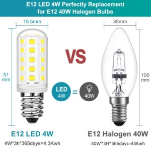 E12 LED Candelabra Bulbs 4W Equivalent to T3 T4 40W E12 Candelabra Base Bulbs, No Flicker Cool White 6000K for Ceiling Fan, Clear Chandelier LED Candle Bulbs, Not Dimmable, AC 120V, Pack of 6