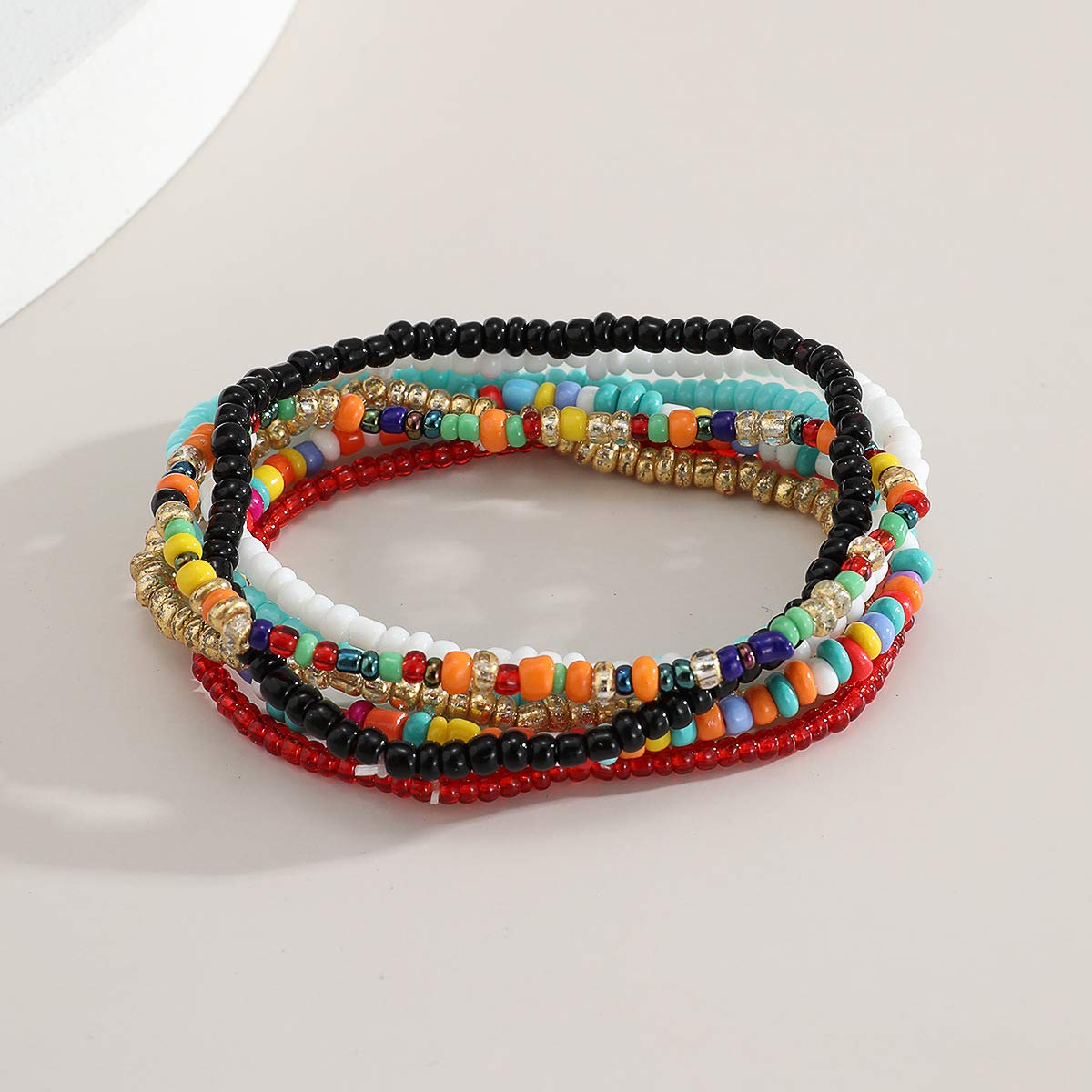 JWICOS 7Pcs Boho Beaded African Bracelet for Women Colorful Stretch Seed Beads Rainbow Bracelets Glass Bead Bracelet Elastic Hand Chain Accessories