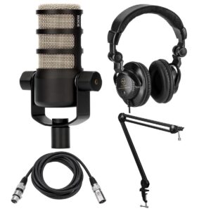 rode podmic dynamic podcasting microphone bundle with broadcast arm with internal springs, h&a studio monitor headphones, xlr m to f mic cable