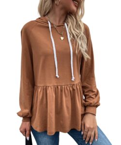 yoxua womens casual hoodies peplum tops, long sleeve lightweight drawstring sweatshirt jacket pullover shirts blouse coffee