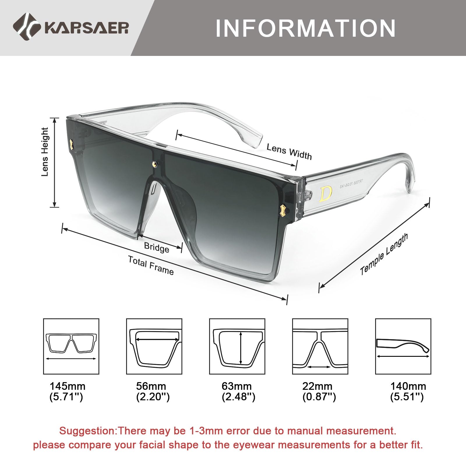 Karsaer Chic Oversized Square Women Men One Piece Sunglasses Fashion Flat Top Large Unisex Sunglasses Women Men K7110