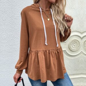 YOXUA Womens Casual Hoodies Peplum Tops, Long Sleeve Lightweight Drawstring Sweatshirt Jacket Pullover Shirts Blouse Coffee