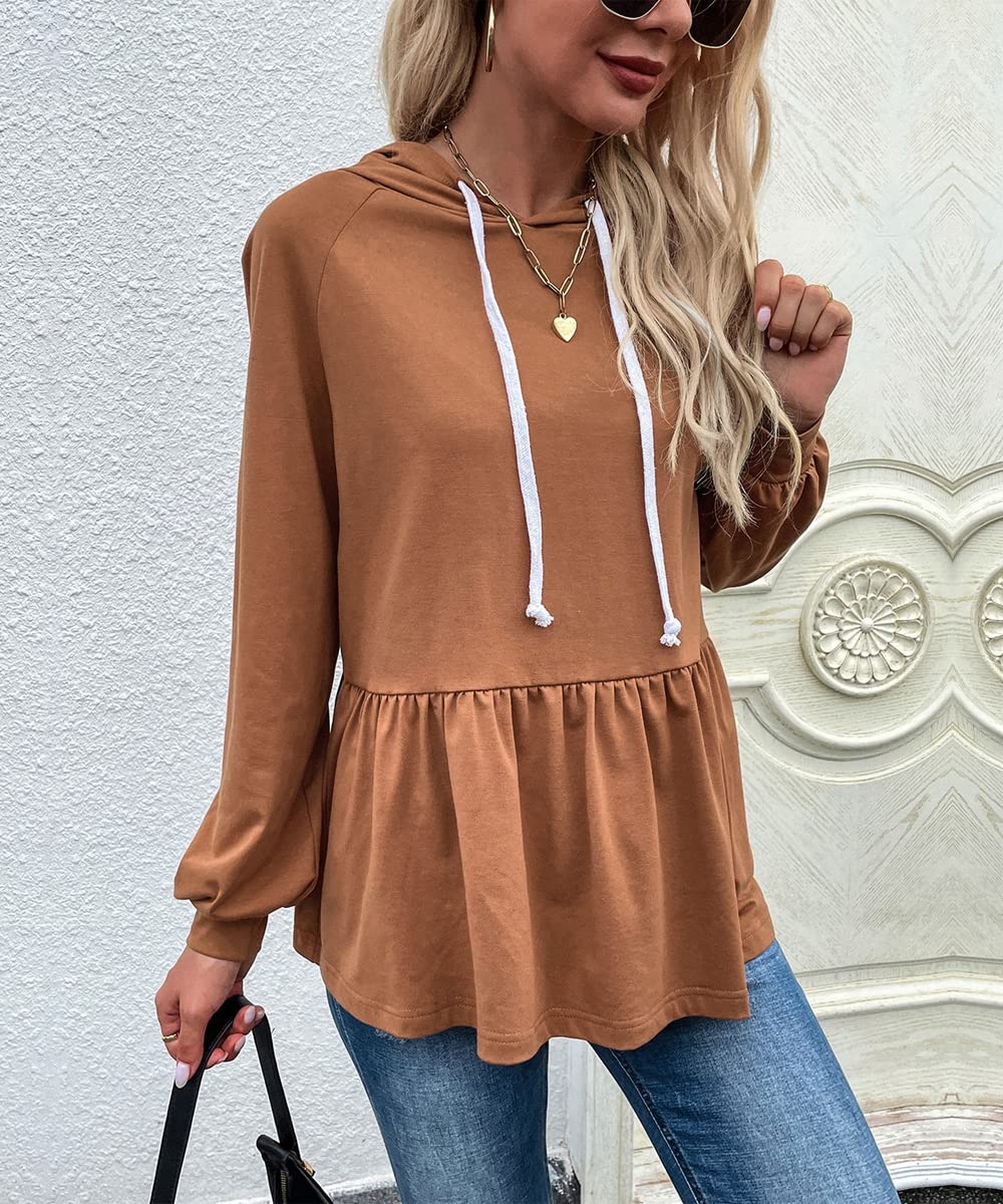 YOXUA Womens Casual Hoodies Peplum Tops, Long Sleeve Lightweight Drawstring Sweatshirt Jacket Pullover Shirts Blouse Coffee