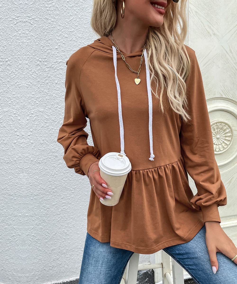 YOXUA Womens Casual Hoodies Peplum Tops, Long Sleeve Lightweight Drawstring Sweatshirt Jacket Pullover Shirts Blouse Coffee